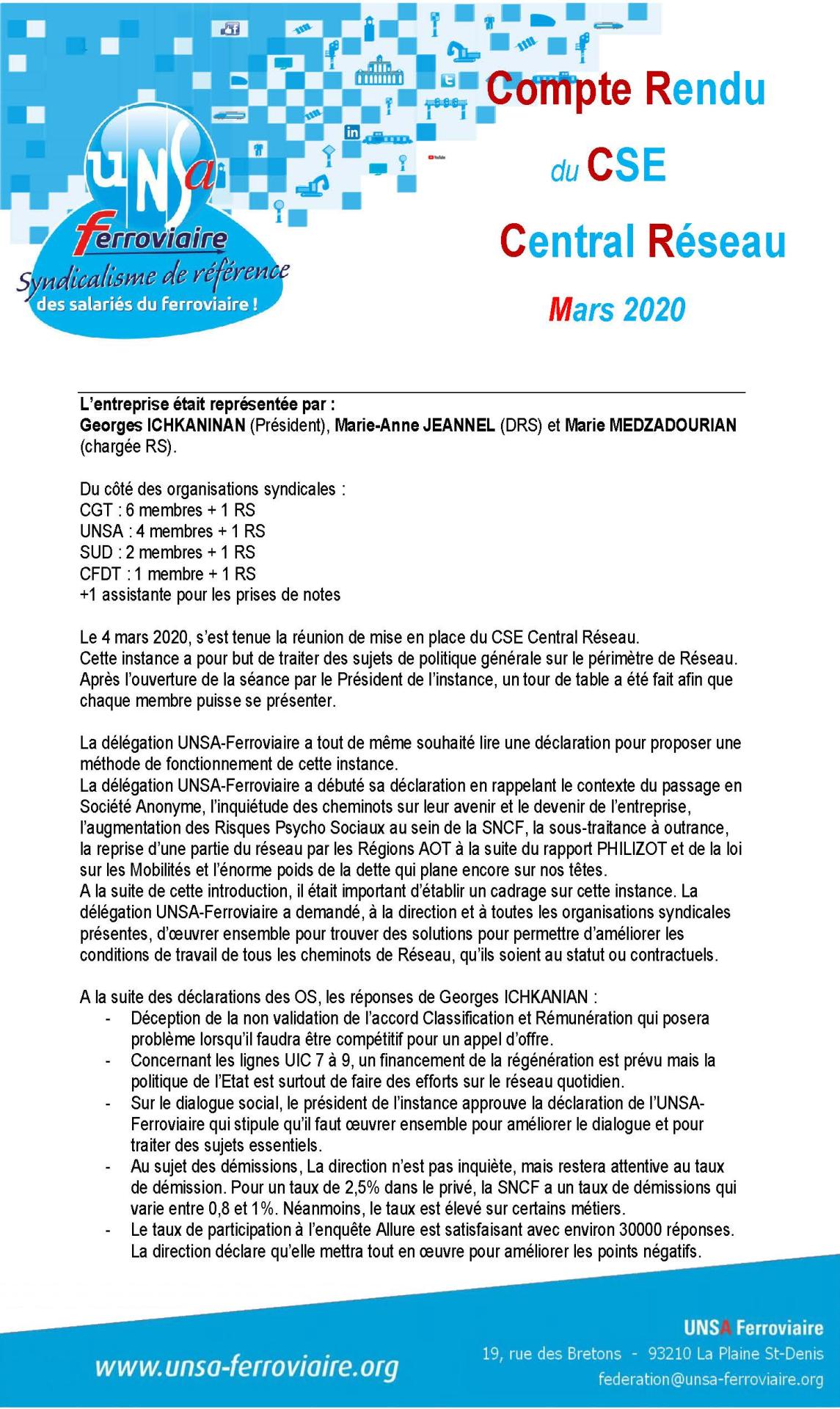 CSE Central Réseau - UNSA-Ferroviaire